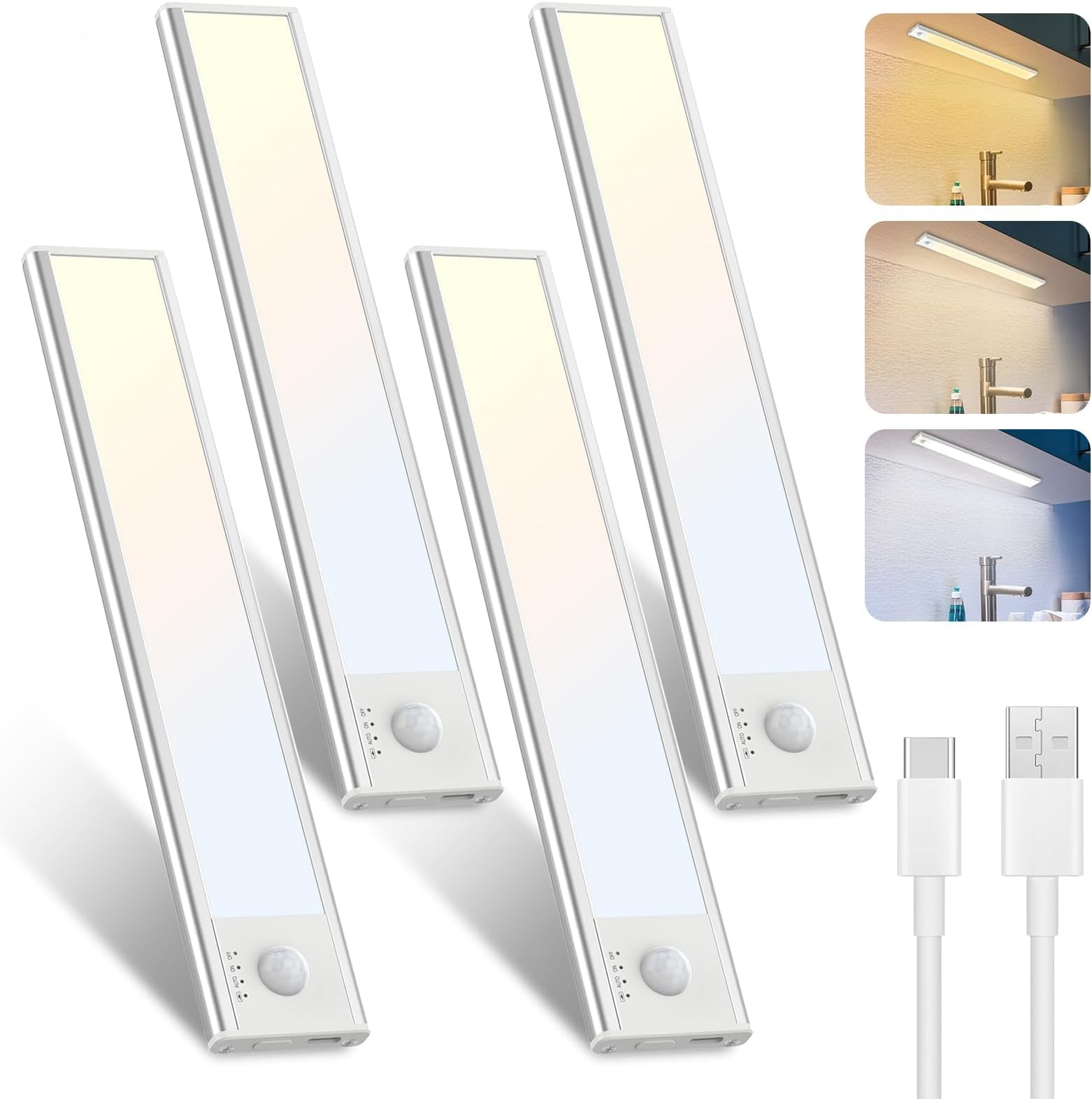 Under Cabinet LED Lights, 2Pack, USB Rechargeable Motion Sensor Lights ...