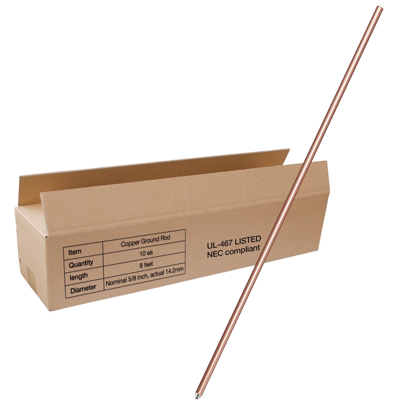 10pcs Pack-8ft Ground Rod - UL Listed 5/8'' Bonded Electrical Copper ...