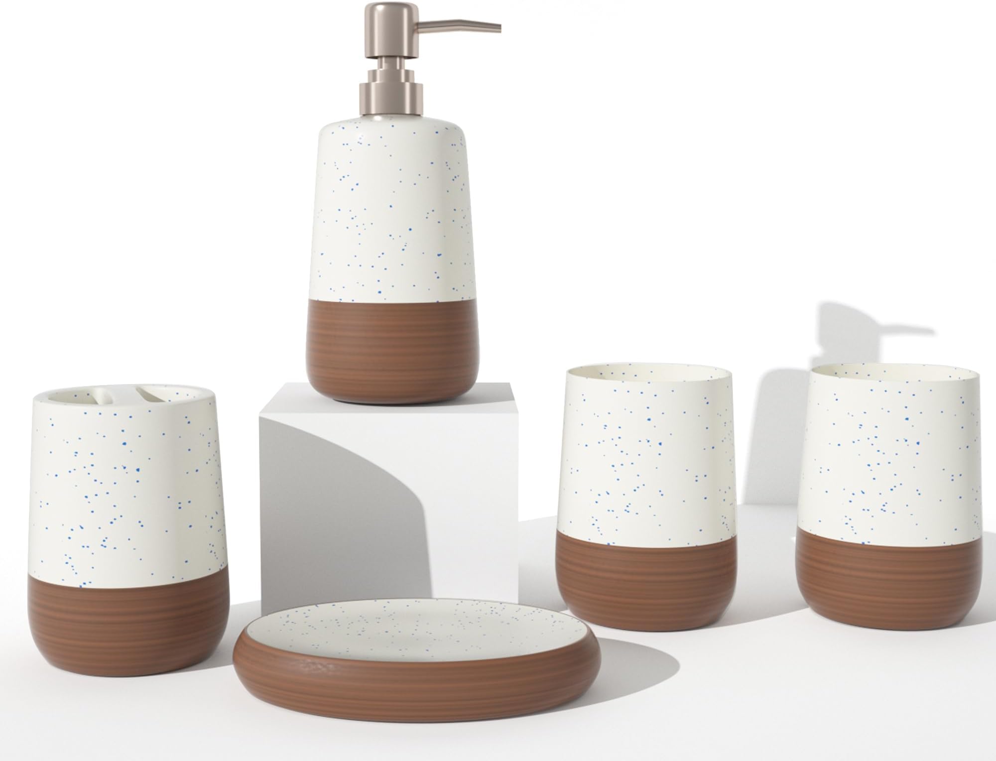 Amazon.com: Ceramic Bathroom Accessories Set Complete in White & Brown ...