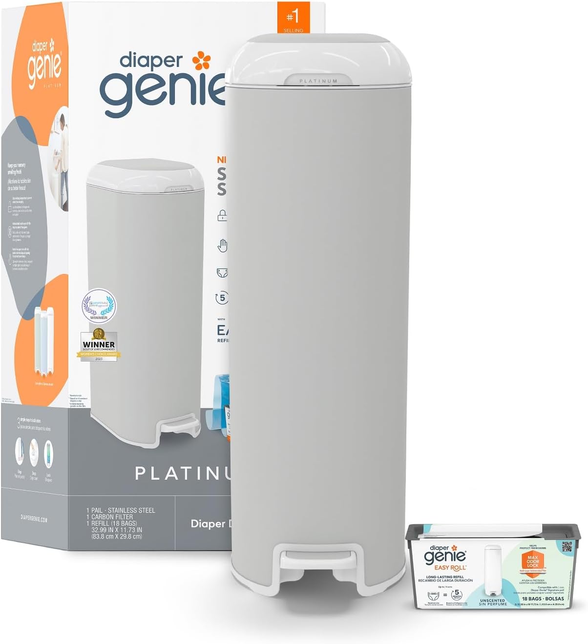 Diaper Genie Platinum Diaper Pail, Stone Grey - Made in Durable ...