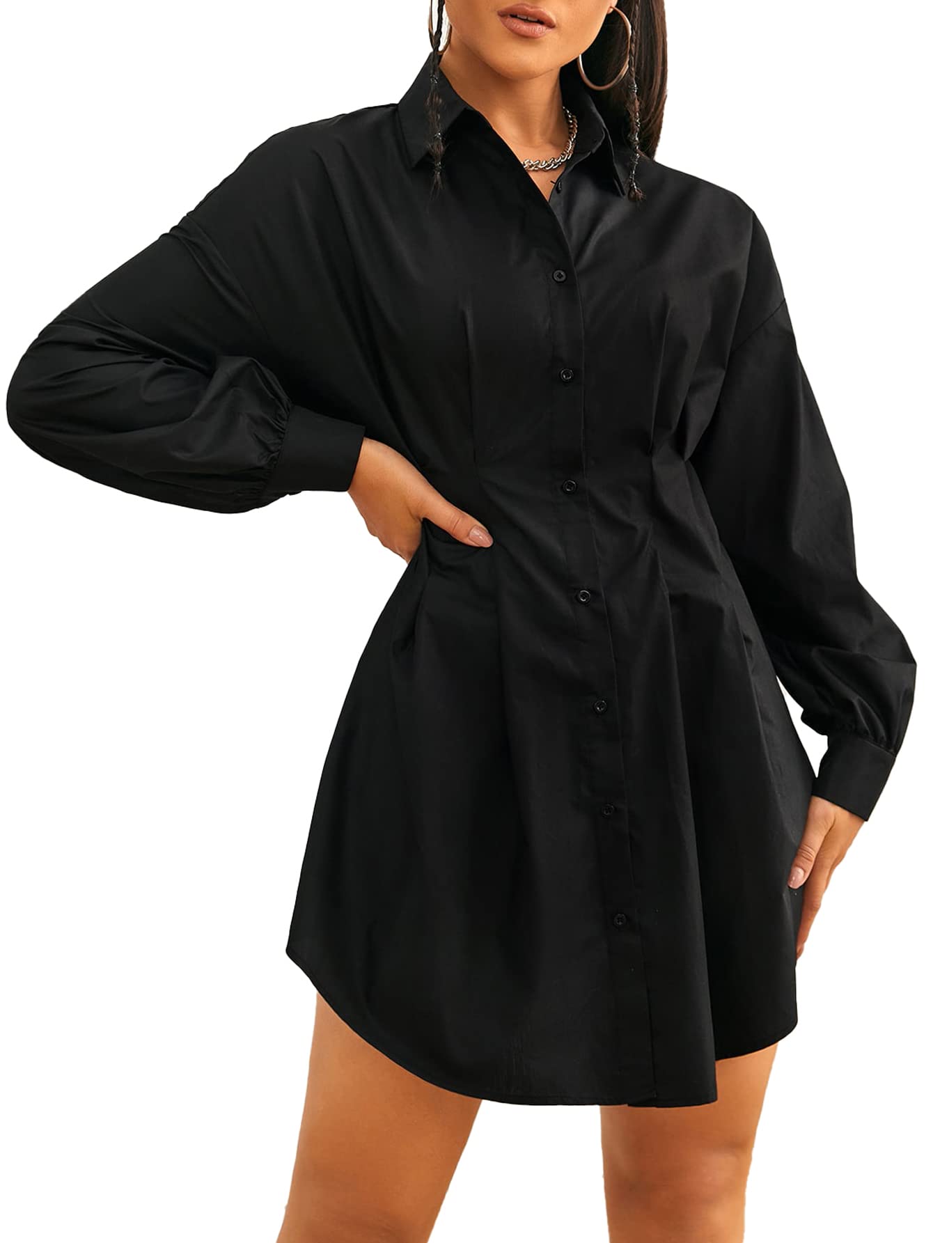 GORGLITTER Women's Button Up Long Sleeve Mini T Shirt Dress Lapel ...