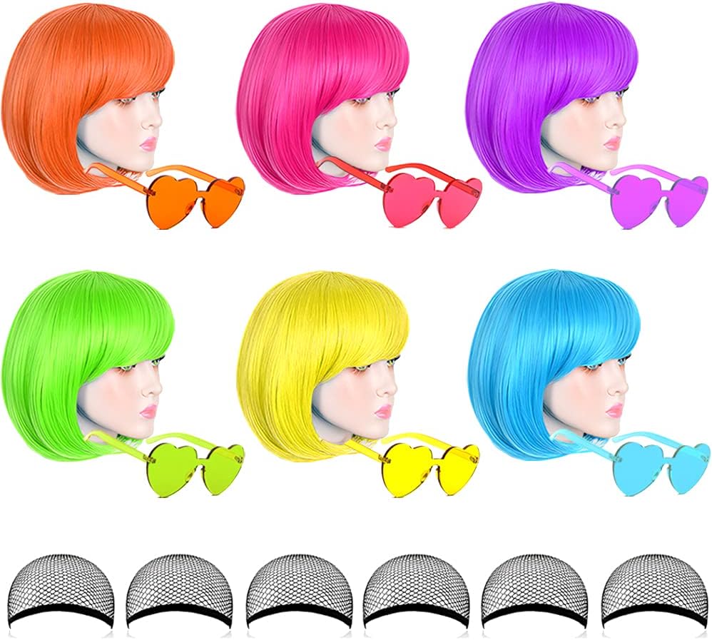 Amazon.com : Colored Wigs 6 Pack, Short Bob Hair Wigs Neon Colorful ...