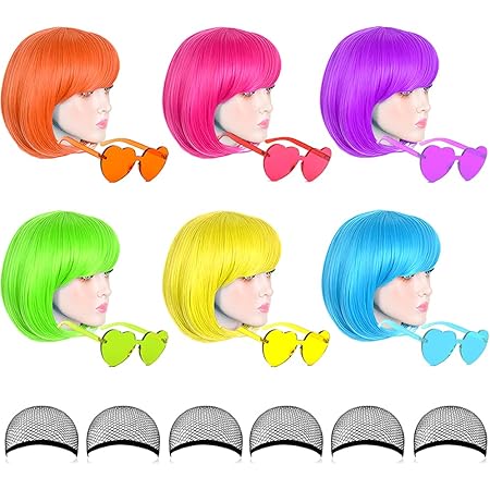 9 Pack Colored Wigs, Funky Colorful Wigs, Short Bob Hair Wigs, Neon ...