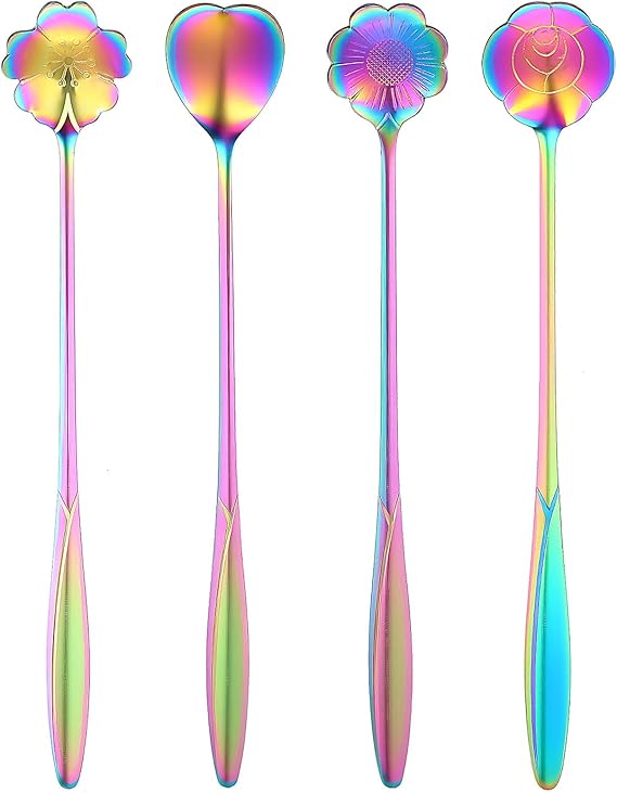 Amazon.com: Flower Spoon Set Rainbow Stainless Steel Reusable Long ...