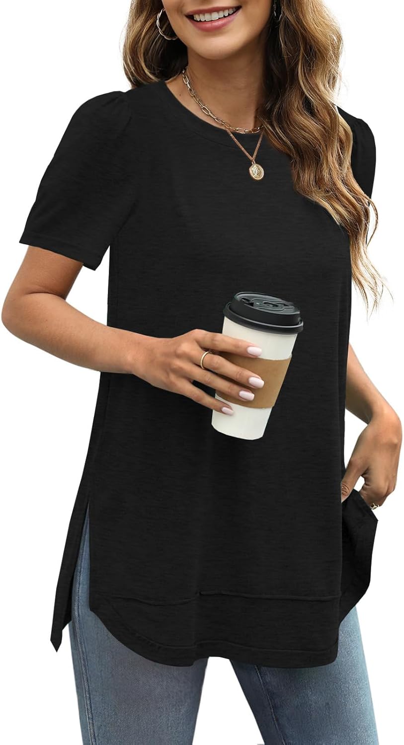 JomeDesign Summer Tops for Women Trendy Short Sleeve Shirts Side Split ...