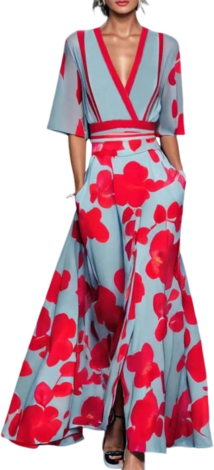 Casual Spring Womes Sun Dresses V-Neck Short Sleeve Maxi Dress Blue ...
