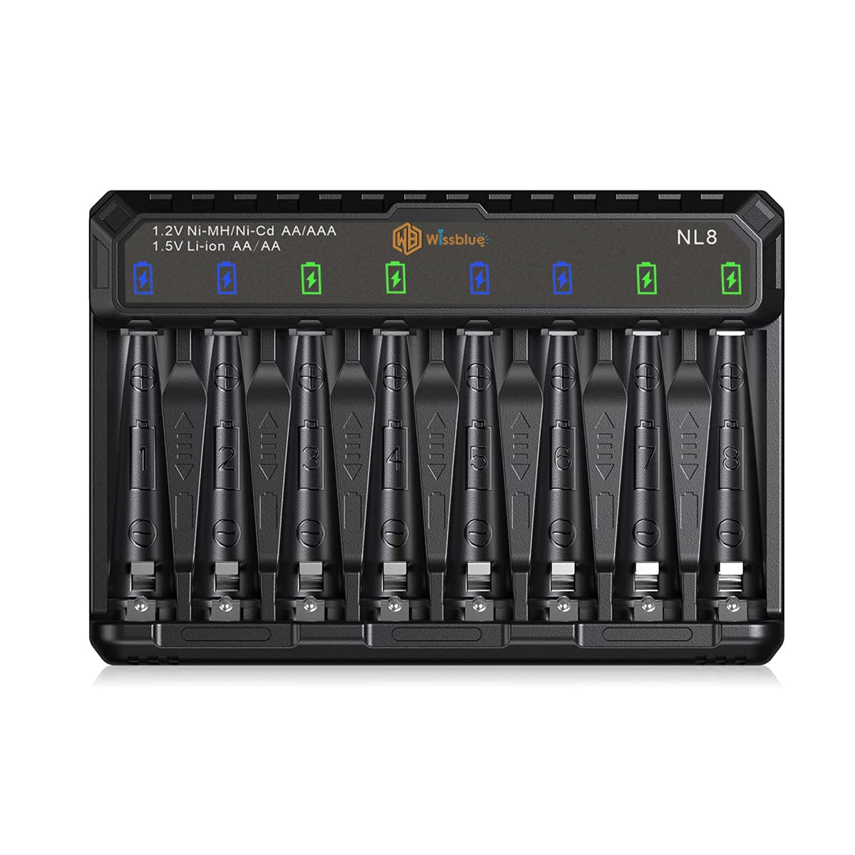 WISSBLUE NL8 Battery Charger 8-Bay, USB C Fast AA AAA Battery Charger ...