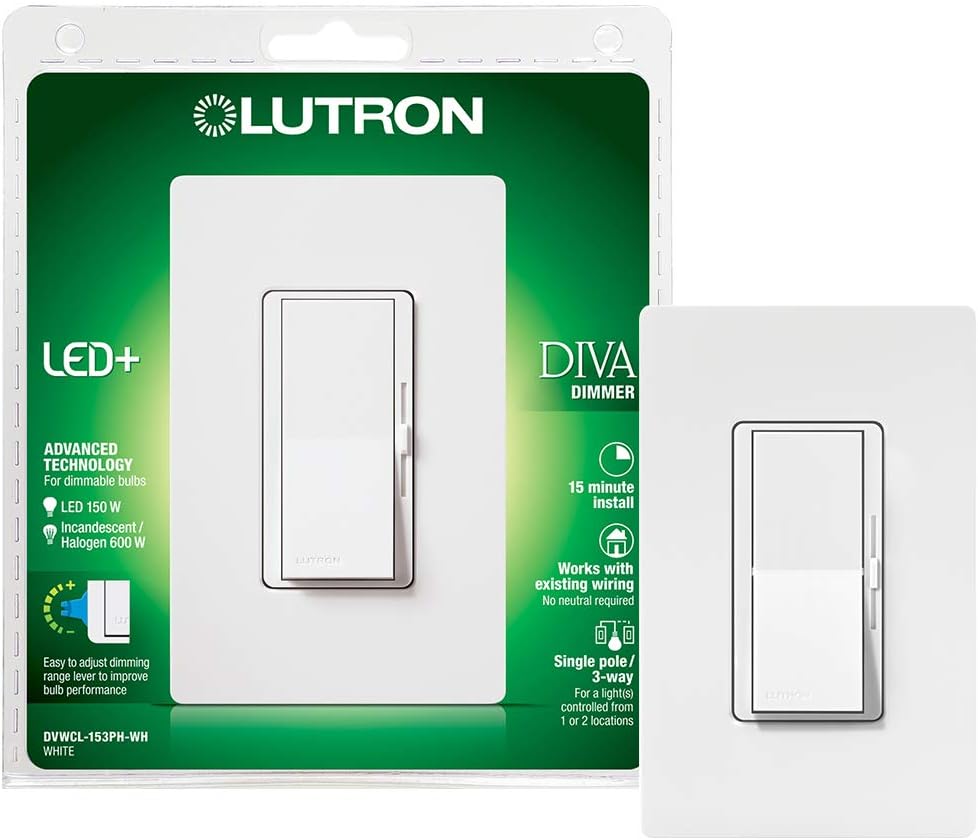 Lutron DVCL-153PR-WH Diva 120V Single Or 3-Way Location CFL/LED Digital ...
