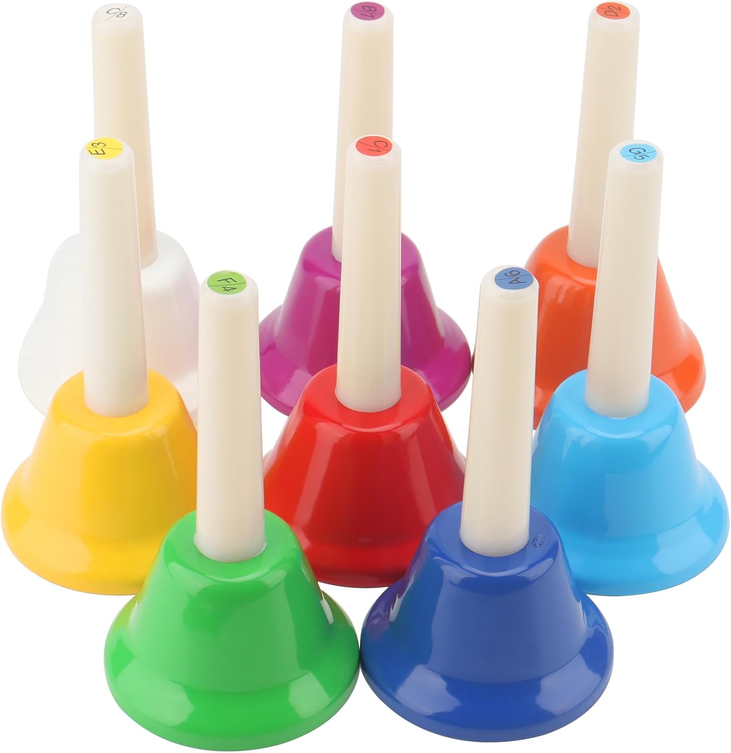 MOUYAT Hand Bells Set, 8 Colourful Metal Bells with Plastic Handles for ...