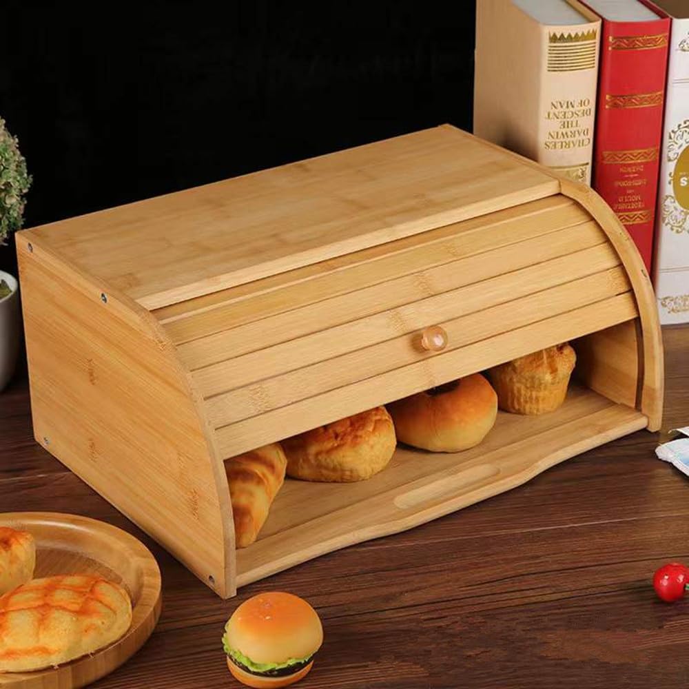 Amazon.com: YSMLE Bamboo Bread Box, Large Natural Bamboo Roll Top Bread ...