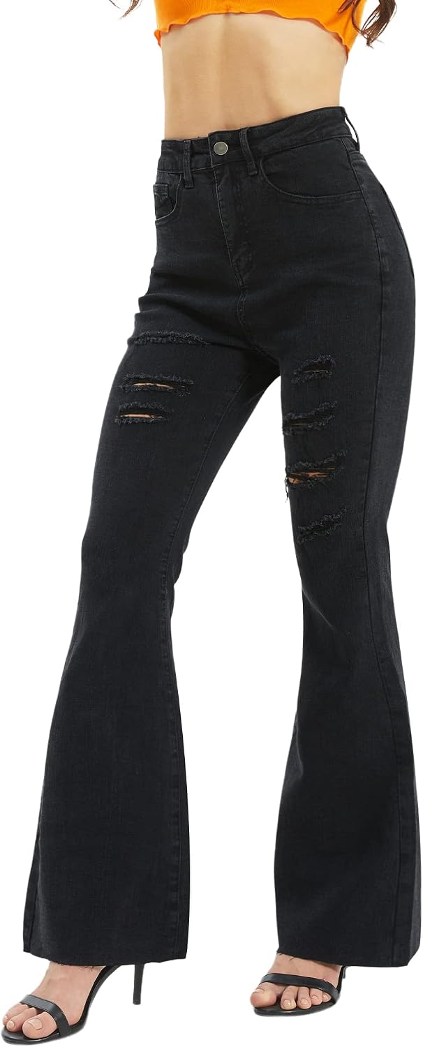 HDLTE Women Ripped Flare Jeans High Waist Stretch Disstressed Bell ...