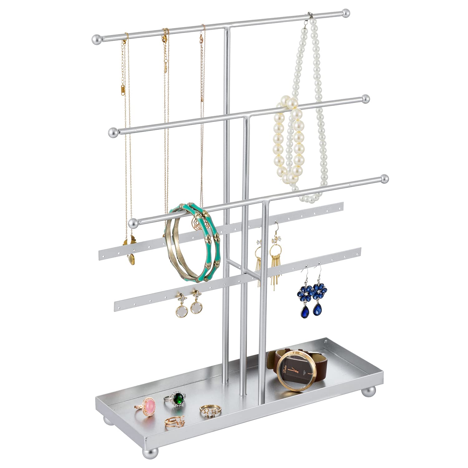 Amazon.com: MyGift 5 Tier Silver Metal T Bar Jewelry Organizer Stand ...