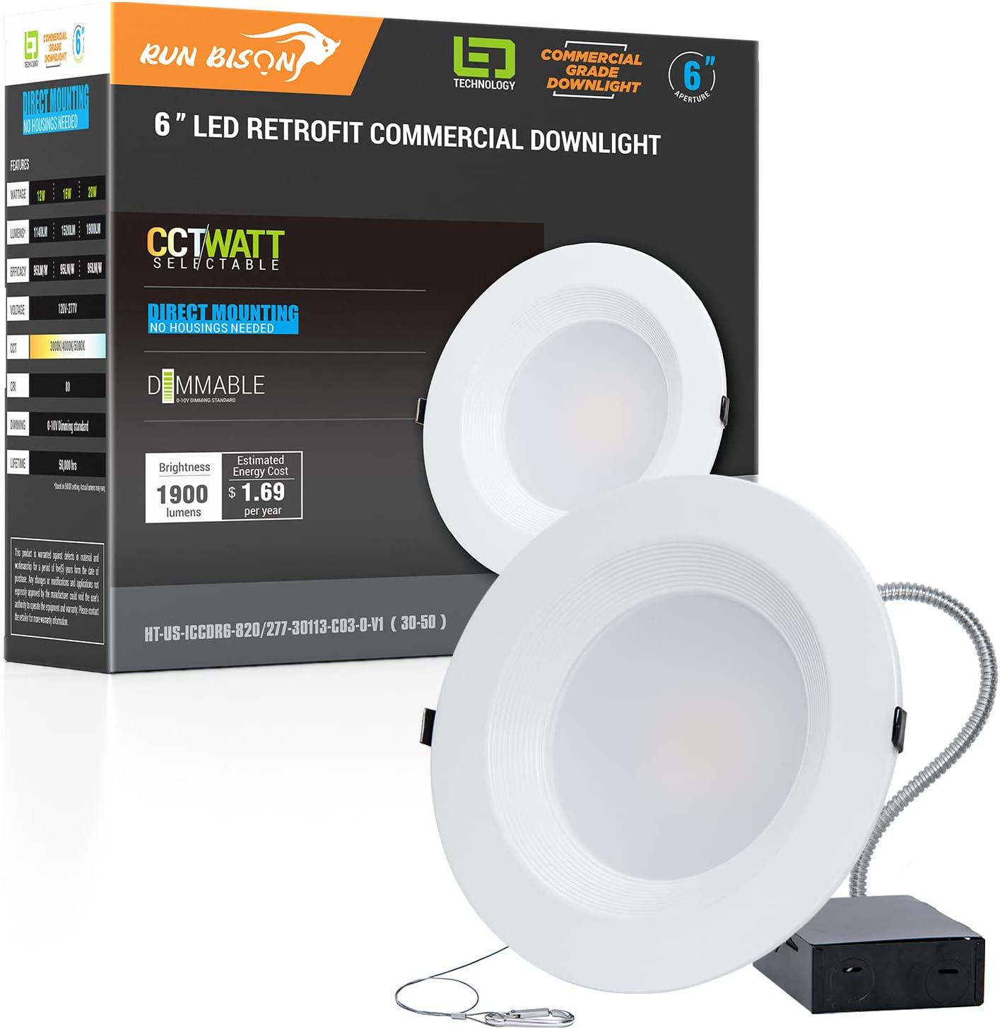 6 Inch Recessed LED Commercial Downlight with J-Box, Wattage Adjustable ...