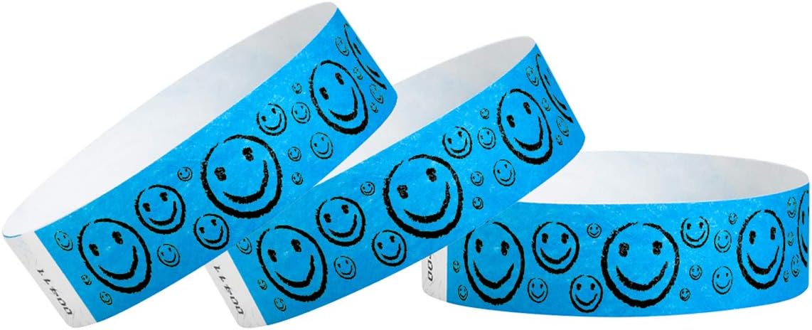 Amazon.com : 500 WristCo Neon Blue Smiley Face Tyvek Wristbands for ...