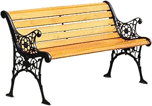 Amazon.com: LIMKOO Outdoor Patio Bench, Wooden Garden Bench with Cast Iron Structure, Carved ...