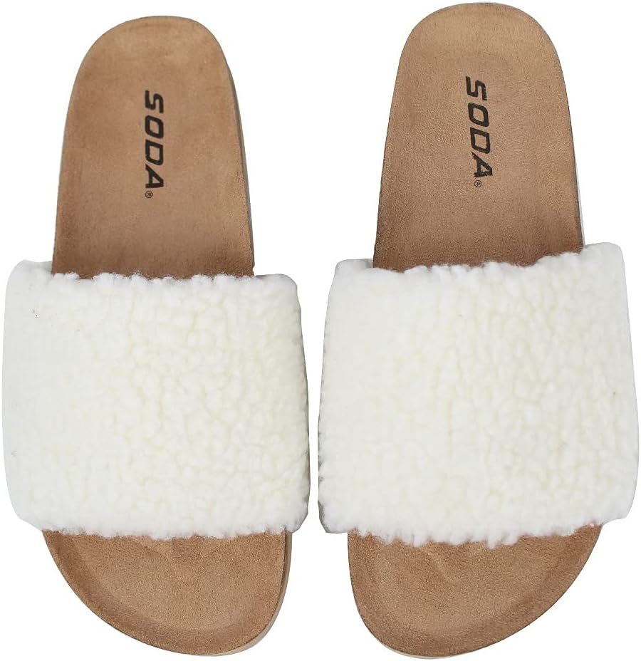 Amazon.com | Soda Women's Open Toe Faux Sherpa Cork Slide Sandal, Lt ...