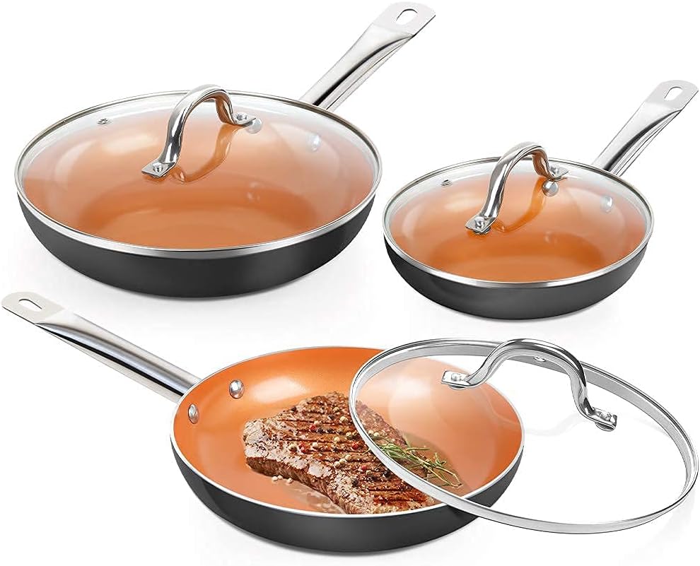 Amazon.com: SHINEURI 6 Pieces Nonstick Copper Pans with Lid Skillets ...