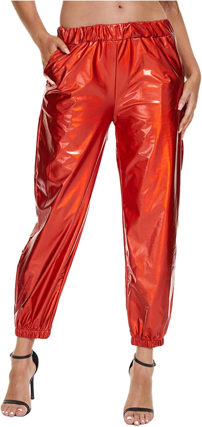 Amazon.com: Womens Metallic Shiny Jogger Pants, Casual High Waisted ...