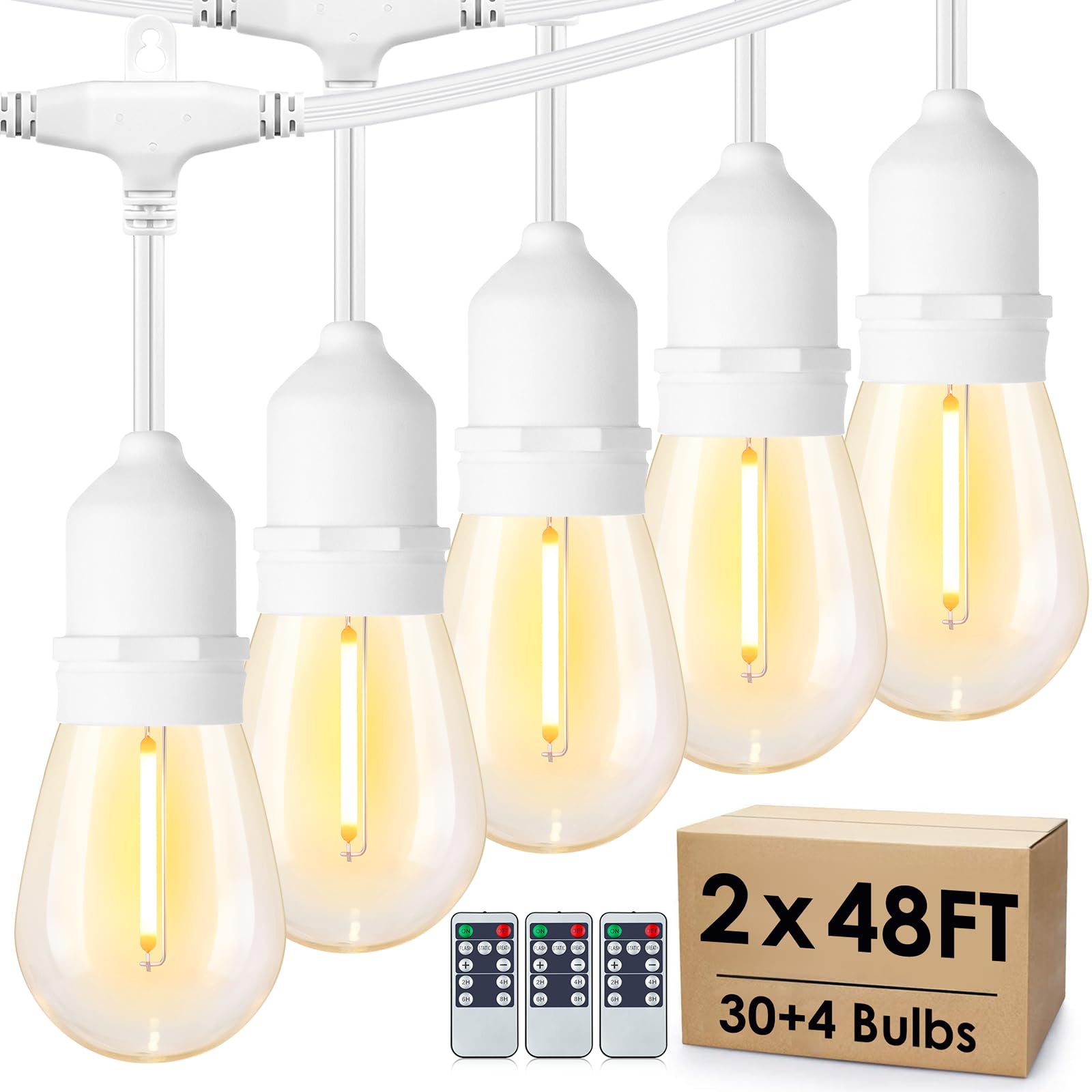 Larkvue 96FT(2 * 48FT) Outdoor String Lights with Remote, Dimmable ...