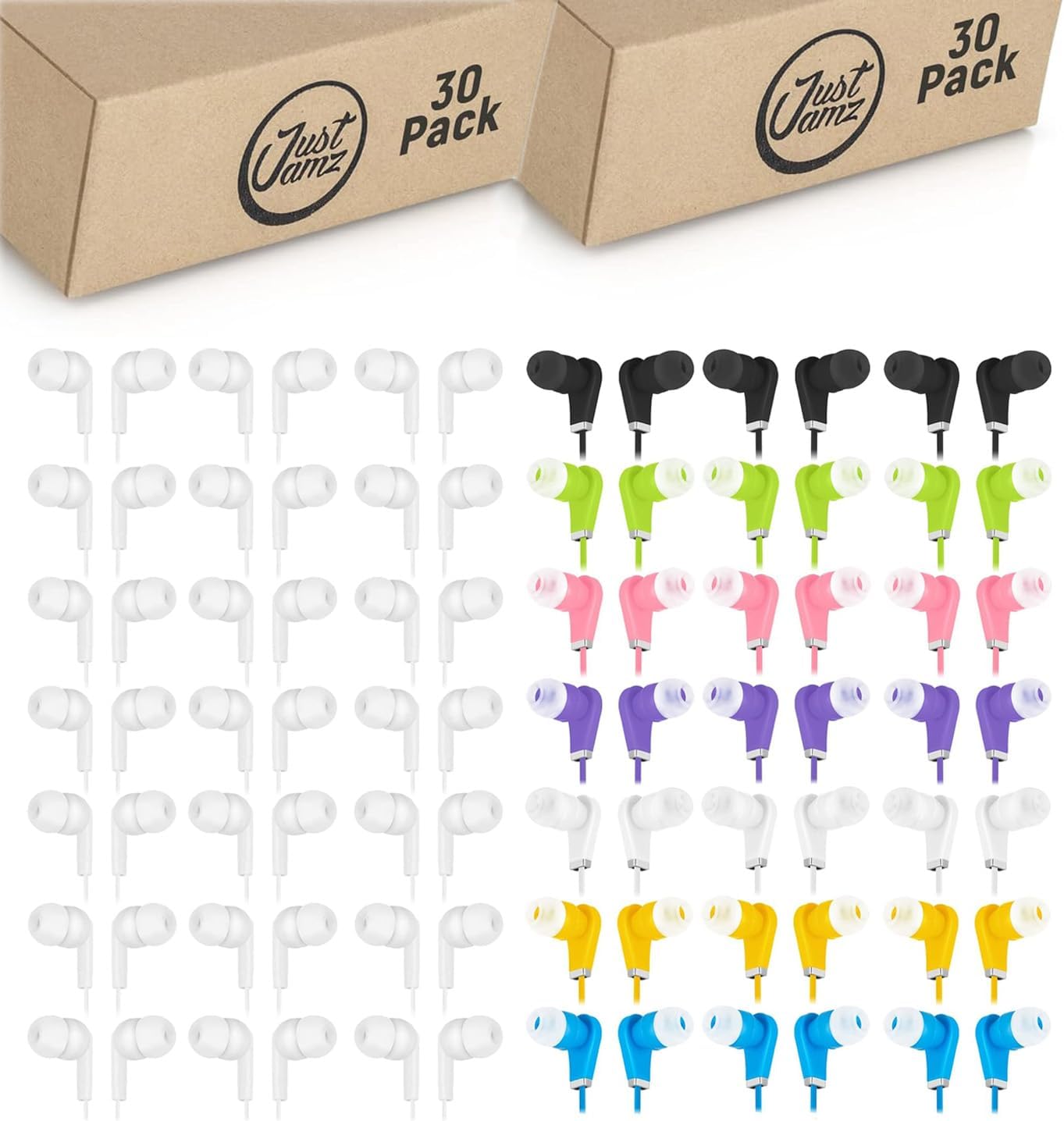 Amazon.com: JustJamz 60-Pack Bulk Wired Earbuds Bundle: 30 Pearl White ...