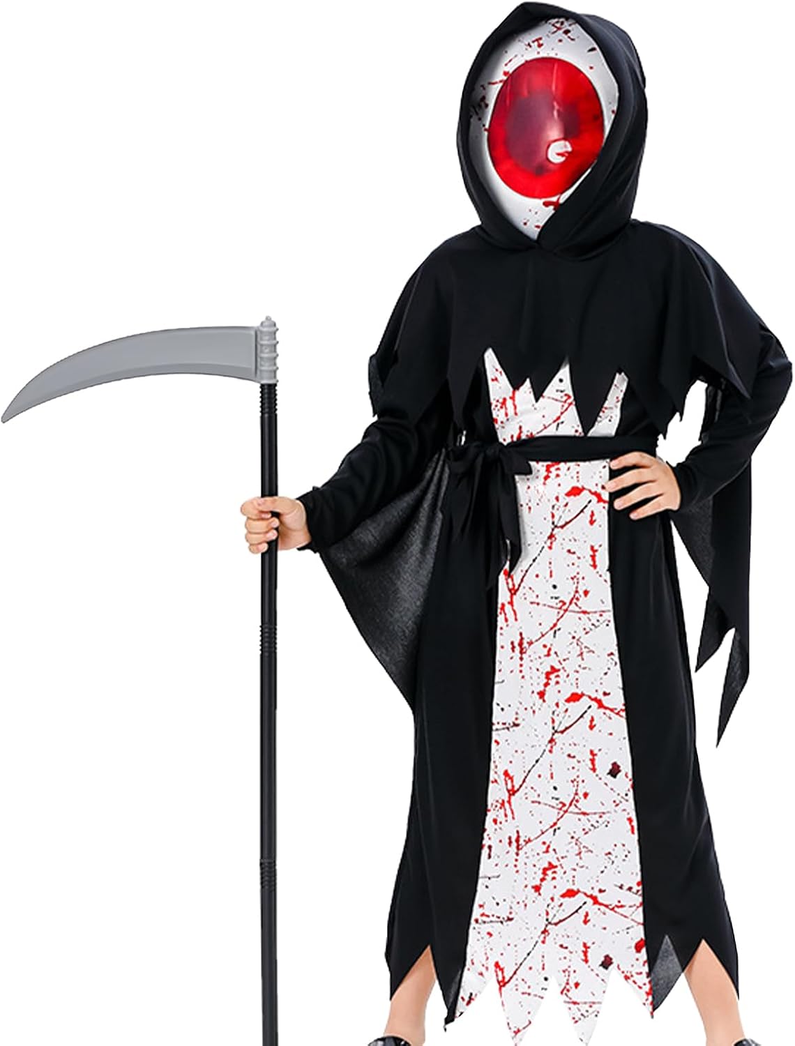 JIAHG Boys Halloween Grim Reaper Costume with Black Cloak Glowing Red ...