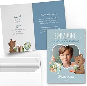 10 Einladungskarten Einschulung mit Foto und Text personalisiert mit Umschlägen Motiv Herz ...