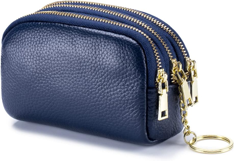Amazon.com: LINNO 3 拉鍊真皮零錢包 三重容量零錢袋 小旅行錢包 附鑰匙圈 女款, 深藍色, 三折 : 服裝，鞋子和珠寶