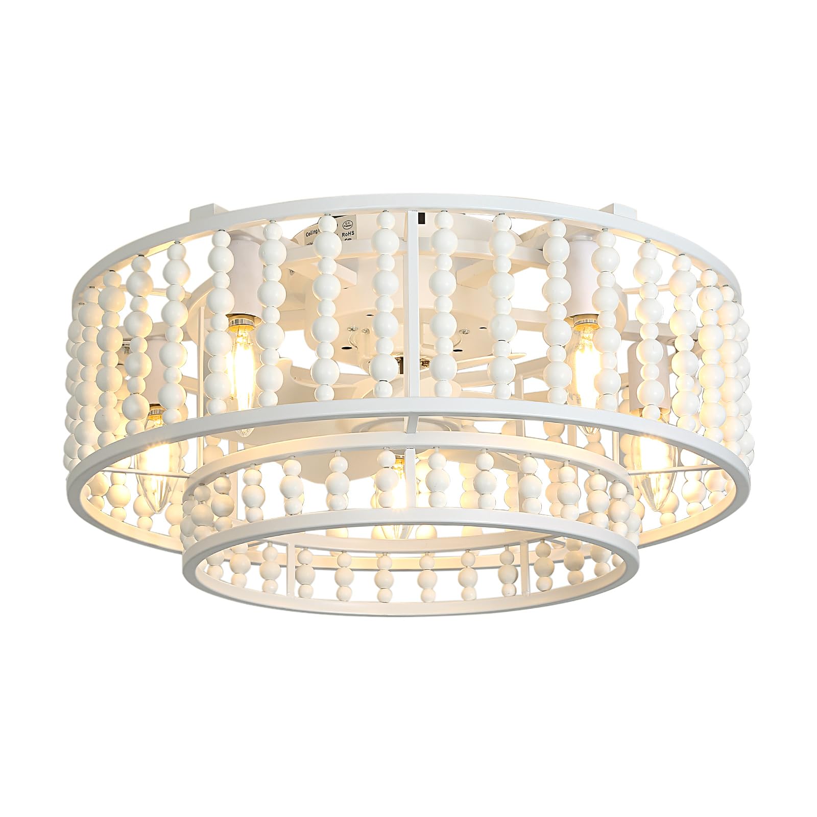 SMLERAY 19" White Wood Beaded Ceiling Fan with Light,6 Speed Reversible ...
