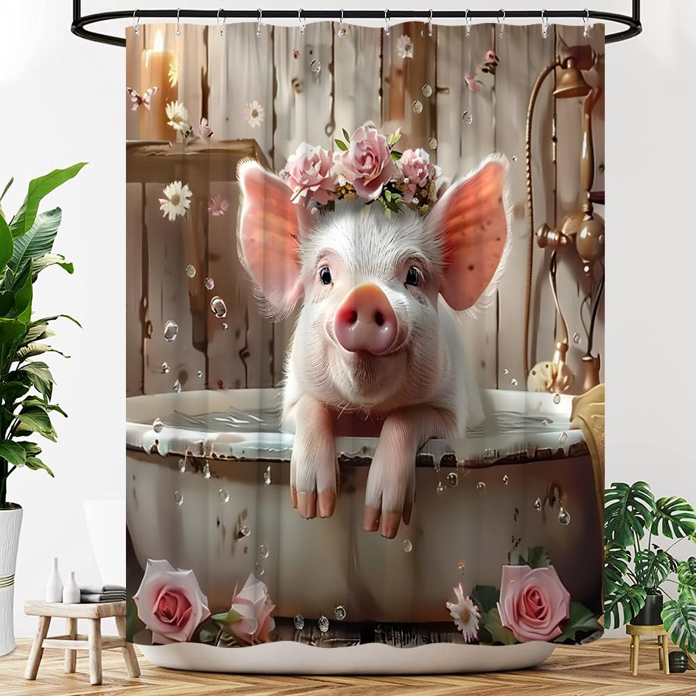 Amazon.com: YOZSLGU Funny Pig Shower Curtain Cute Pink Animal in ...