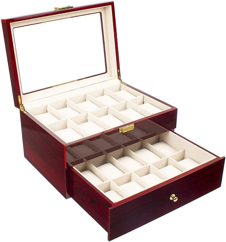 Tcatec Wood Watch Box for Men 25 Slots Glass Top Wodden Watch Display ...