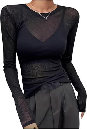 RoseSeek Women's See Through Mesh Tops Crew Neck Long Sleeve Basic ...