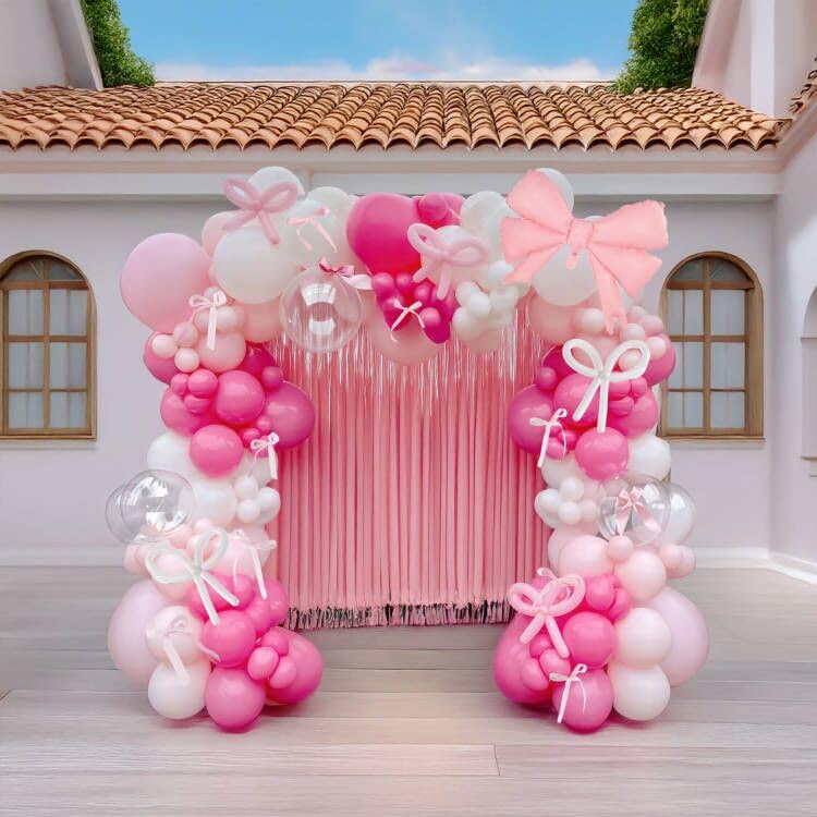 Black And Cream Balloons Large Pink Ribbon Bow Decor Garland, Giant ...