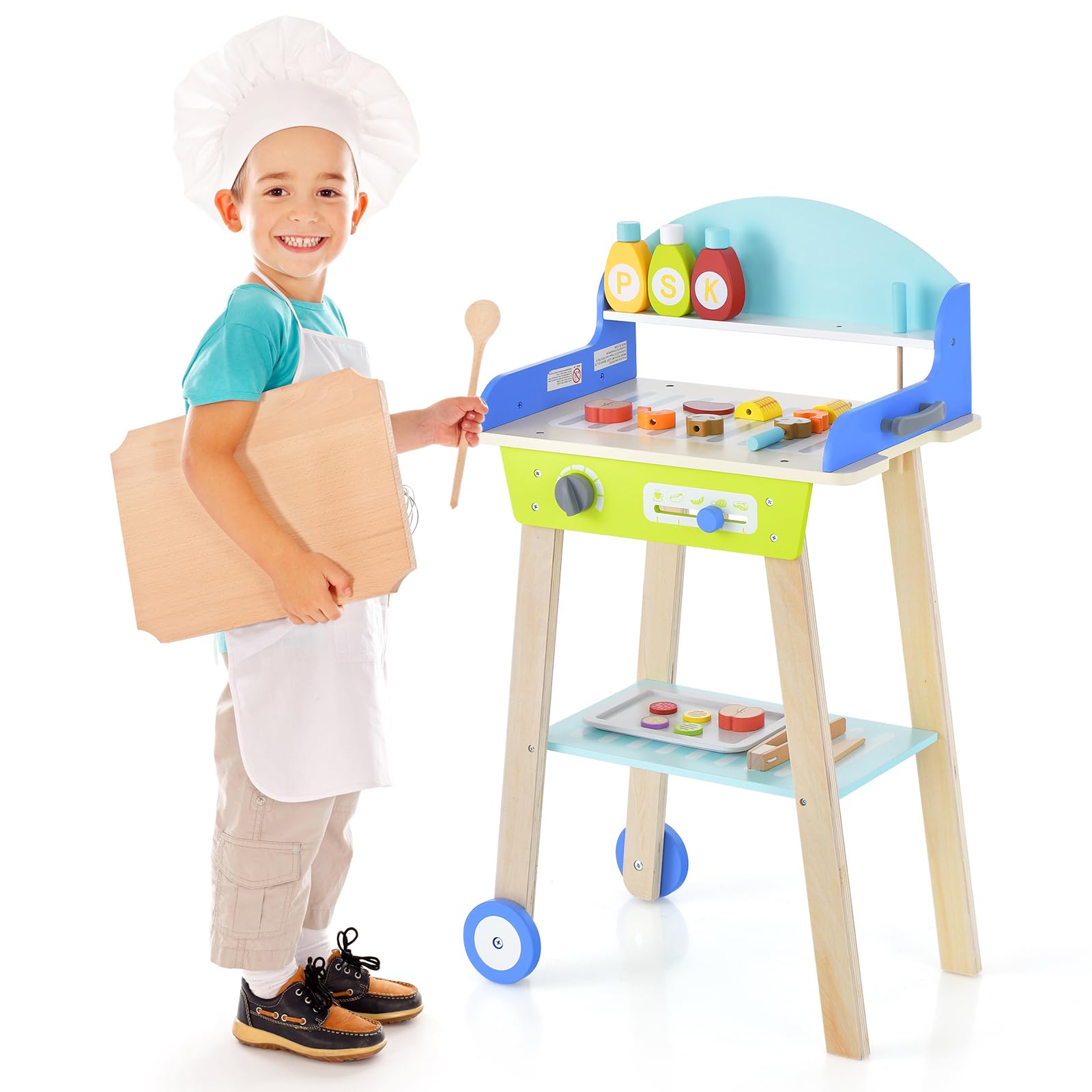 COSTWAY Kids BBQ Grill Playset, Wooden Pretend Cooking Cart with 21 ...