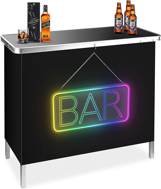 BRILLIHOOD Portable Pop-Up Bar Table with BAR Mirror Neon Sign, Music ...