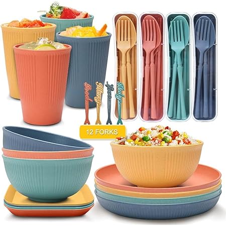 Amazon.com: 48 Pieces Wheat Straw Reusable Dinnerware Sets, Microwave ...