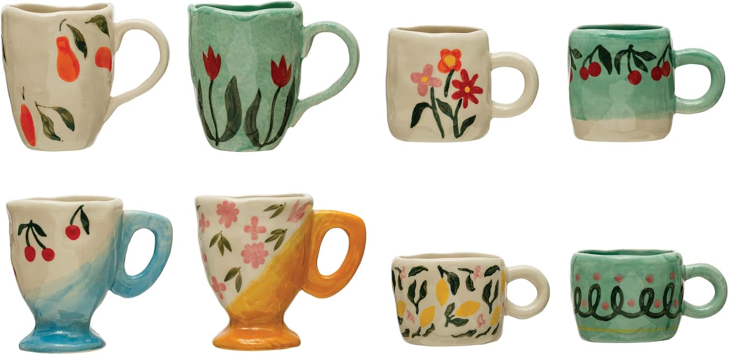 Amazon.com: Creative Co-Op Stoneware Espresso Cups with Painted Designs ...