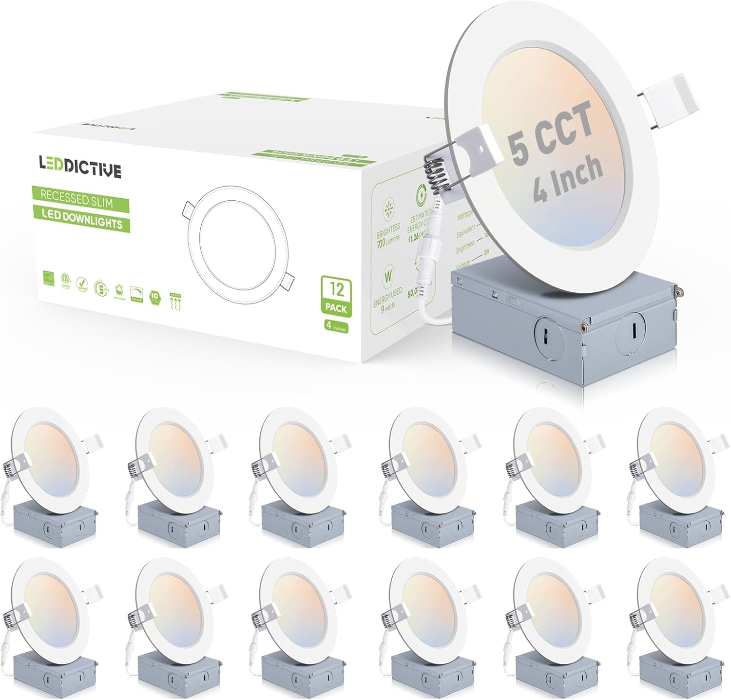 12 Pack Recessed Lighting 4 Inch with Junction Box, 5CCT 4 Inch LED ...
