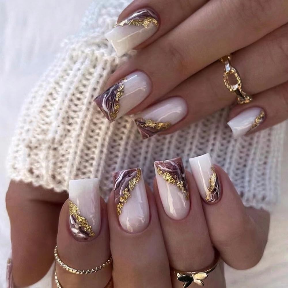 Amazon.com: Square Press on Nails Medium Fake Nails French False Nails ...