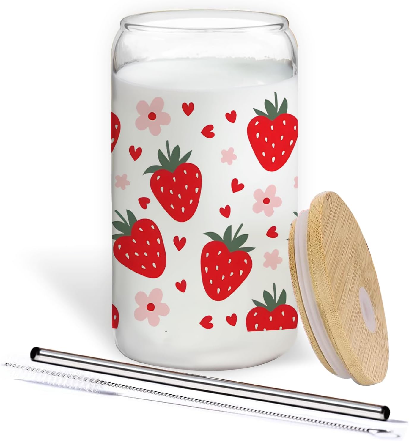 Amazon.com: BEHIFL Strawberry Glass Cup with Lids and Straws 14oz ...