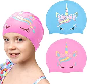 Swimming Cap Children 2-10 Years, Pack of 2 Swimming Caps, Girls Long ...