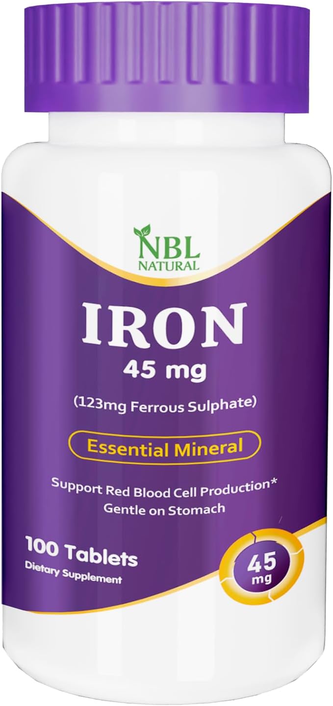 NBL Natural Iron High Potency Ferrous Sulfate Iron Supplement 45 mg 100 ...