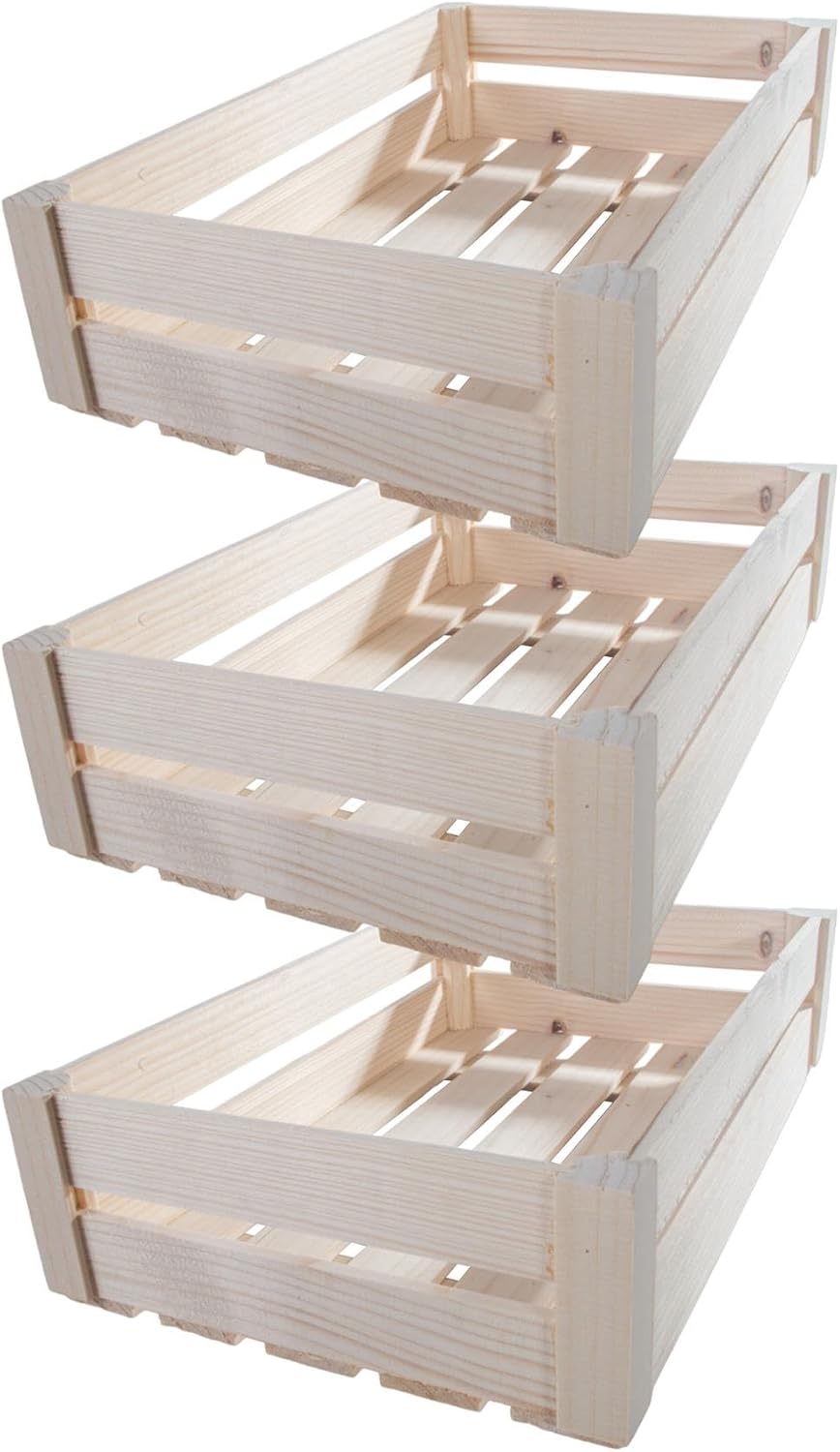 WooDeeDoo Shallow Wooden Crate | 3 Pack | Natural Wood Slatted ...