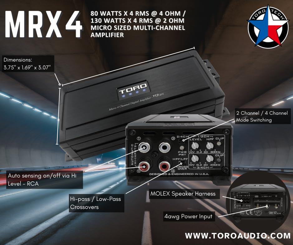 TORO TECH – MRx4, 80 vatios x 4 RMS 4 Ohm 130 W x 4 RMS 2 Ohm Amplificador de coche multicanal ...