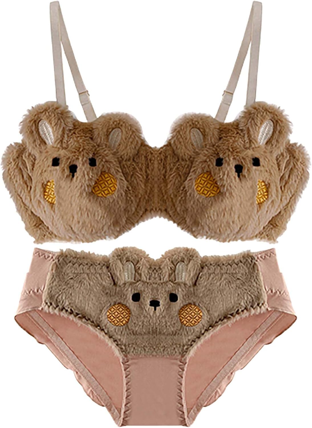 Dodatota Cute Plush Bunny & Bear Gathered Padded Bra and Panty Set ...