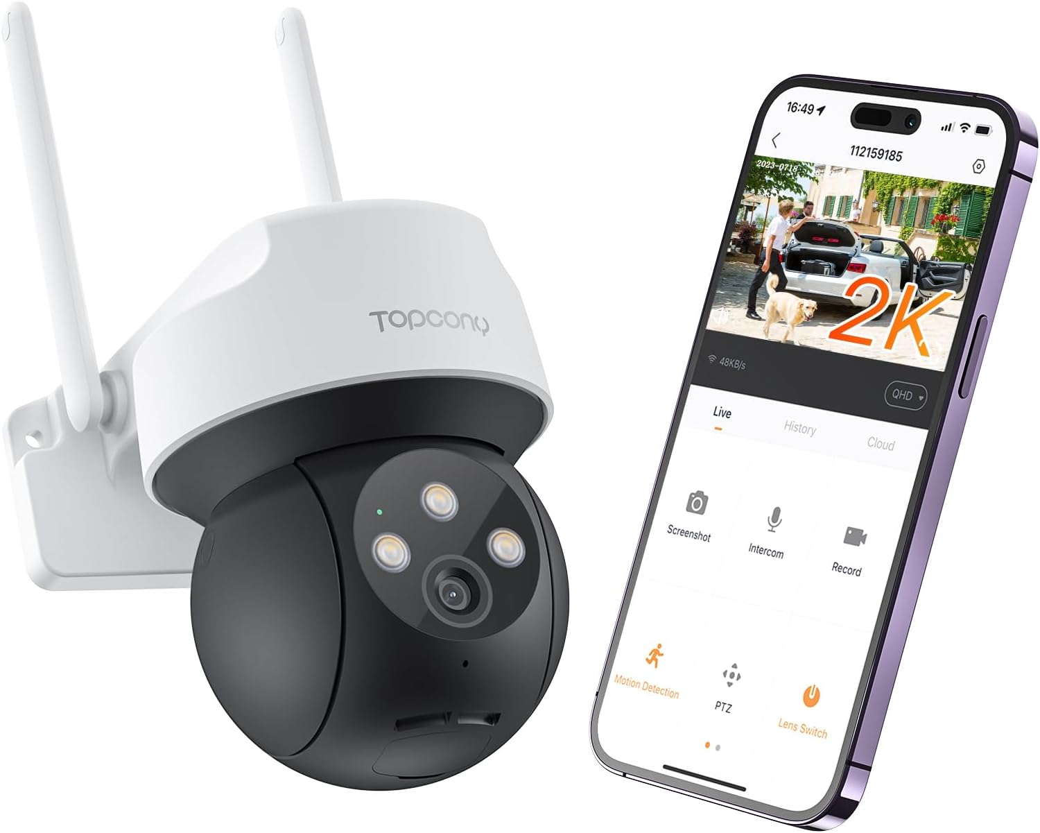 Topcony 2K Camera Surveillance WiFi Extérieure, 360° PTZ Camera IP, Vision Nocturne Couleur, AI ...