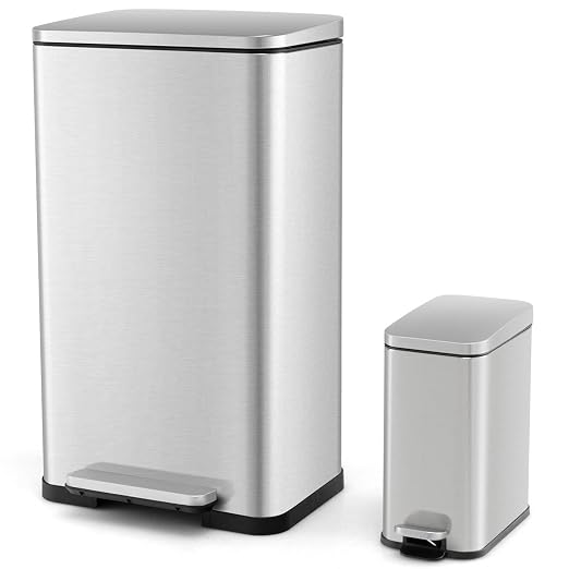 COSTWAY 40L & 6L Trash Can Combo Set, Set of 2 Stainless Steel Kitchen ...