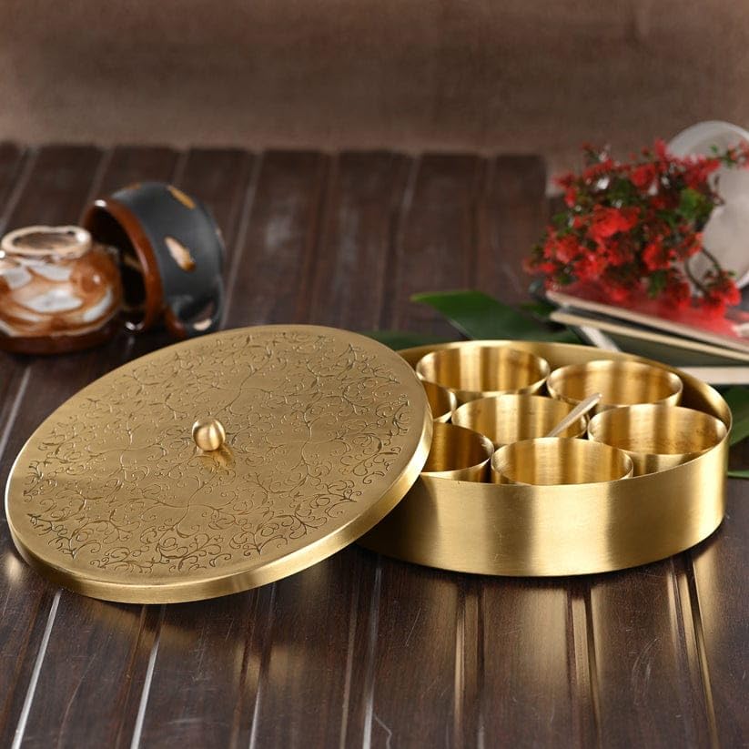RM Metals Metal Handcrafted Brass Plated Spice Box Set For Kitchen With ...