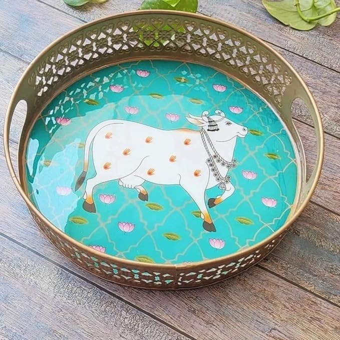 KRAFT VISION Round Tray Cow Pichwai Tray | Best for Home Decor, Wedding ...