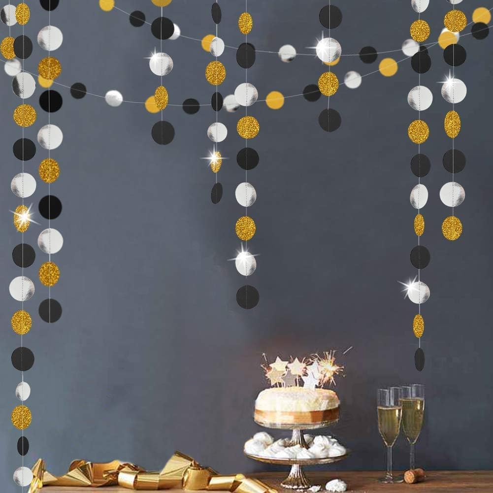 Amazon.com: Cheerland Black Silver Gold Circle Garlands Birthday Party ...
