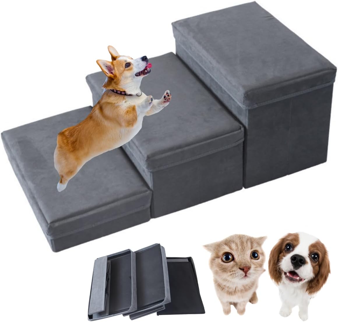 Little Bean Dog Stairs 3 Steps Small Foldable Dog Steps with 3 Storage ...